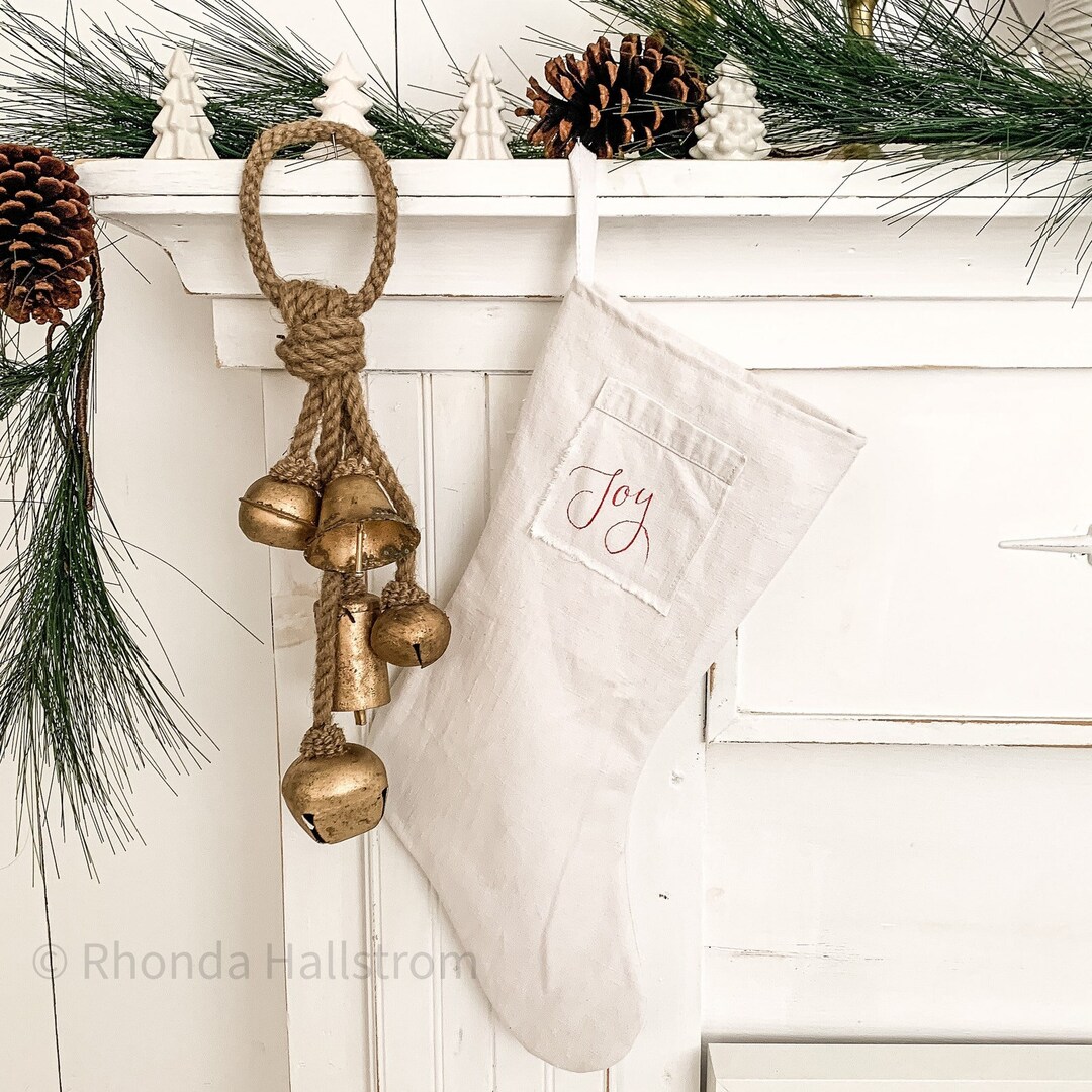 White Linen Christmas Stockings, Antique Linen Joy Stocking, Shabby ...