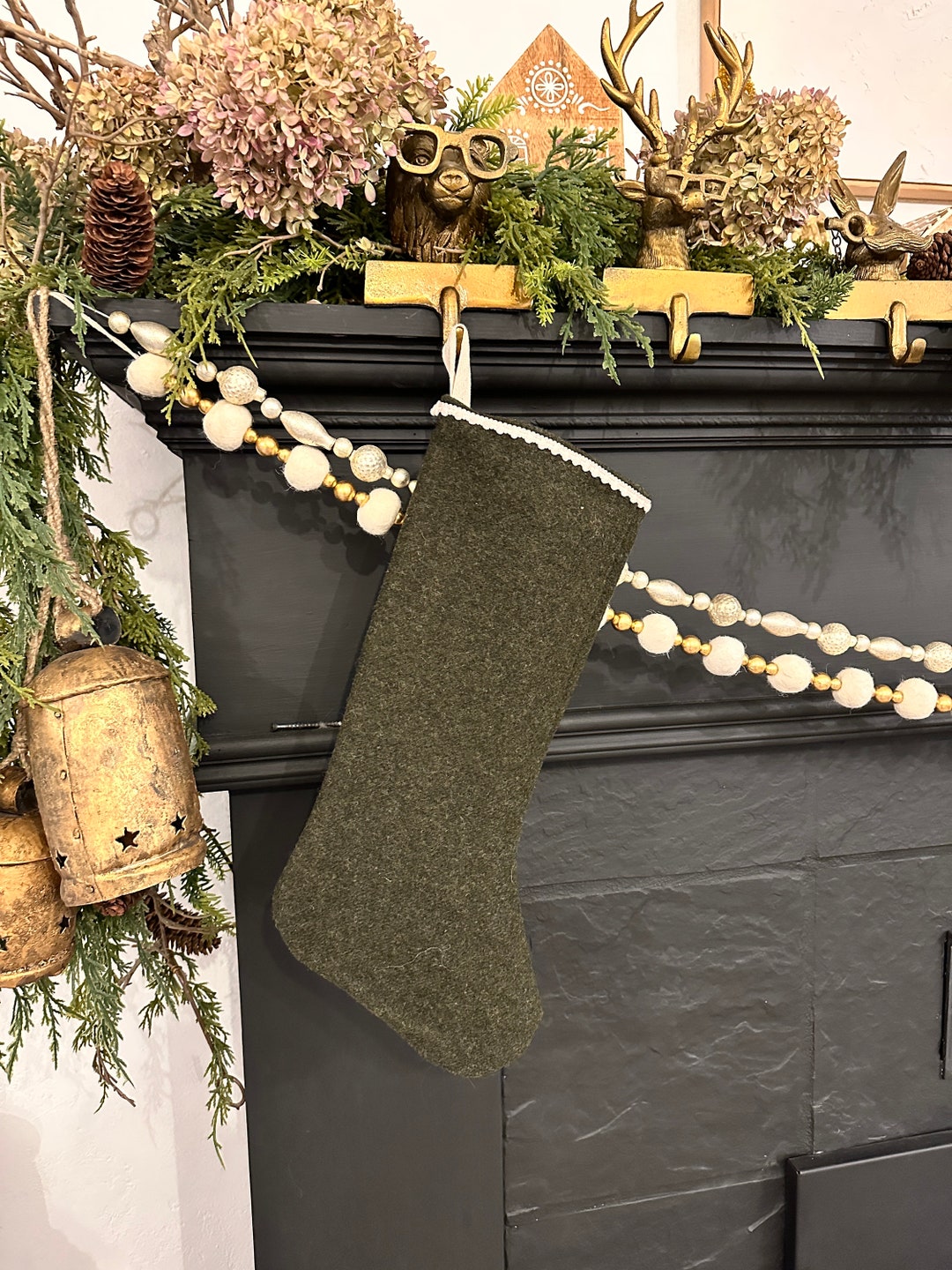 Wool Christmas Stocking/ Forest Green With a Small Pom Pom Trim Holiday ...