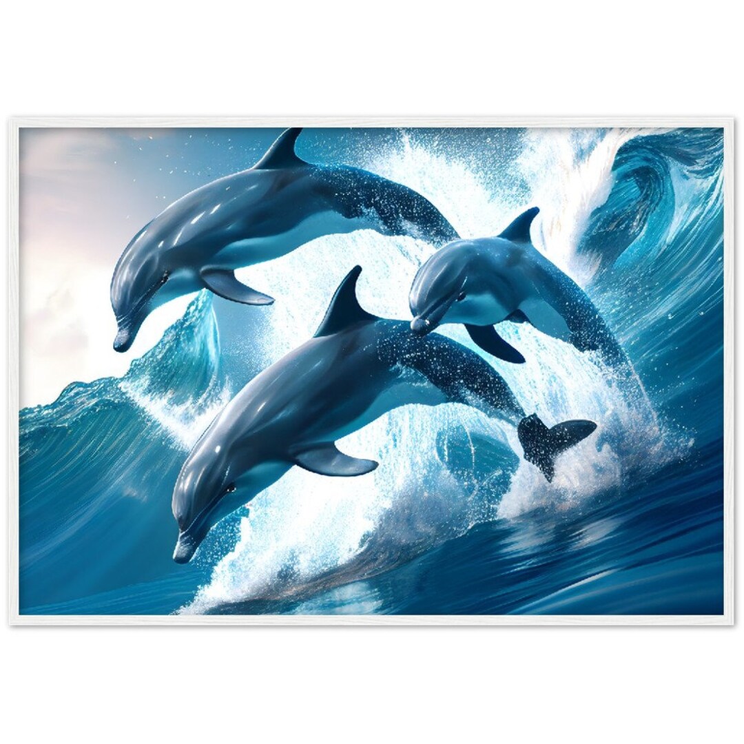 Wood Framed Jumping Dolphins Poster Ocean Water Wood Framed Print Ready ...