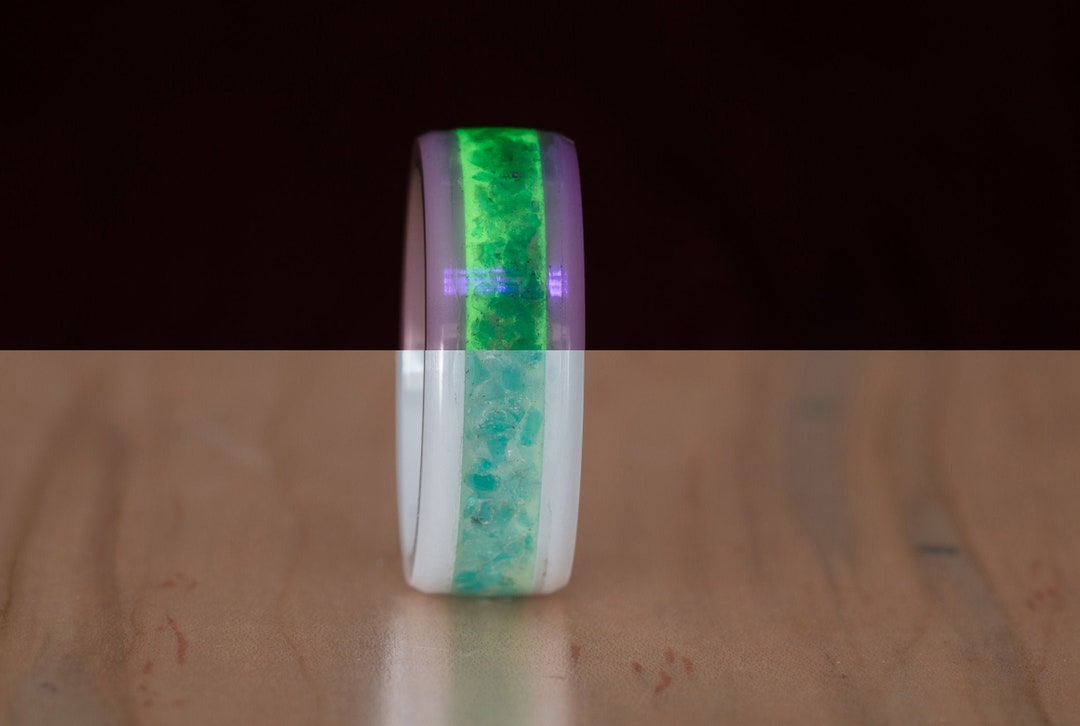 Glowing Amazonite Inlay White Ceramic Ring Natural Green Glow in the ...