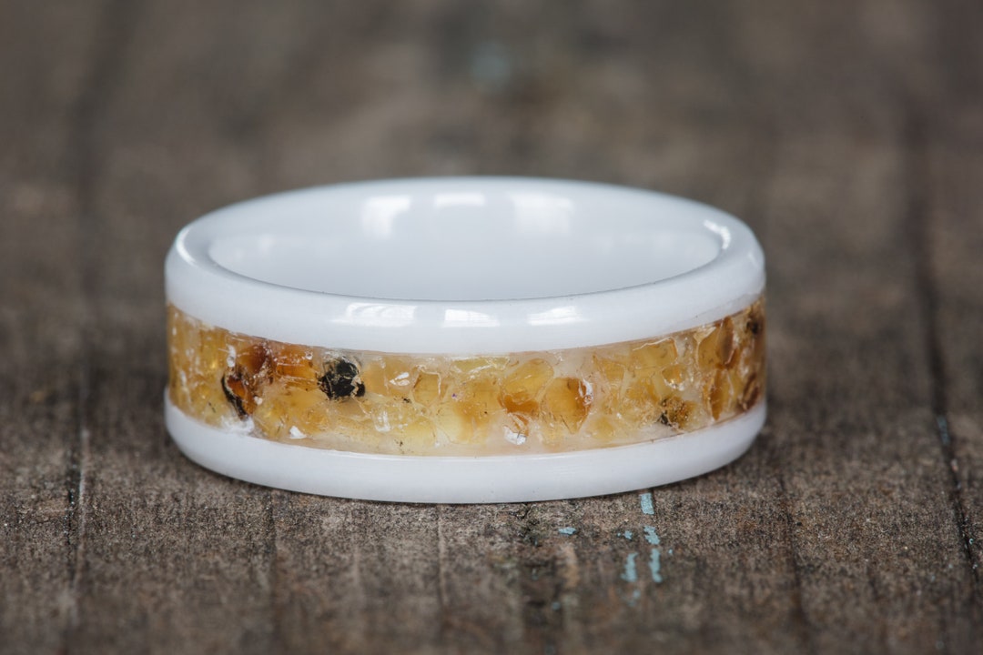 Natural Amber Inlay White Ceramic Ring: Handmade Wedding Band - Etsy