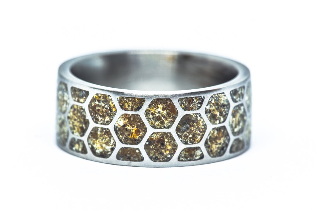 Amber Honeycomb Inlay Titanium Ring - 8mm Wedding Band Engagement ...