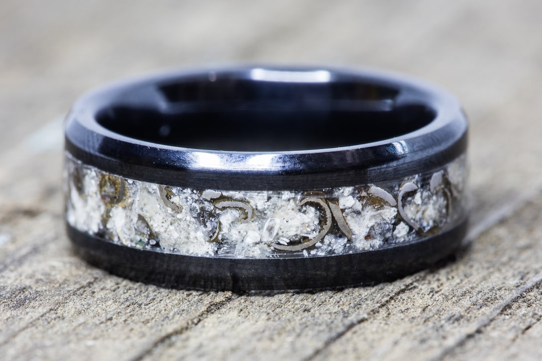 Dinosaur Bone and Meteorite Black Ceramic Ring - White Dino Fossil ...