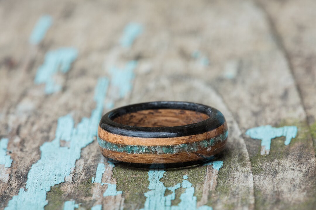 Whiskey Barrel and Ebony Wooden Ring With Amazonite Inlay - Green Stone ...