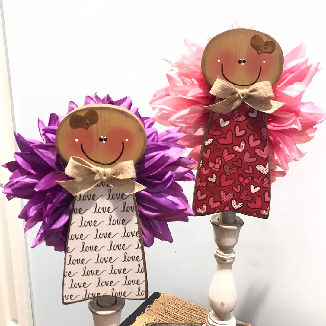 Valentine Decor. Wooden Candlestick Angel With Floral Wings. Valentines ...