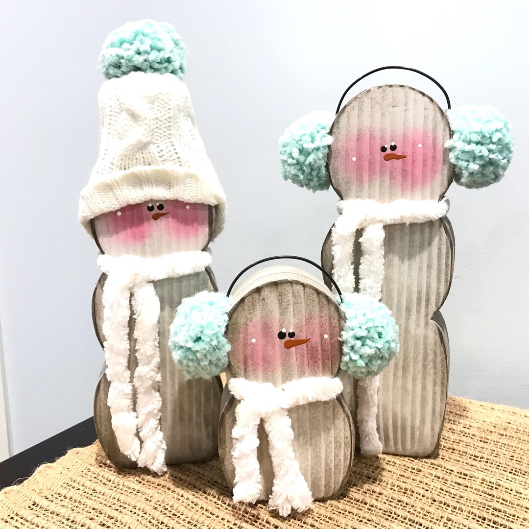 Coordinating Snowmen With Handmade Earmuffs. Mint and Cream. Winter ...