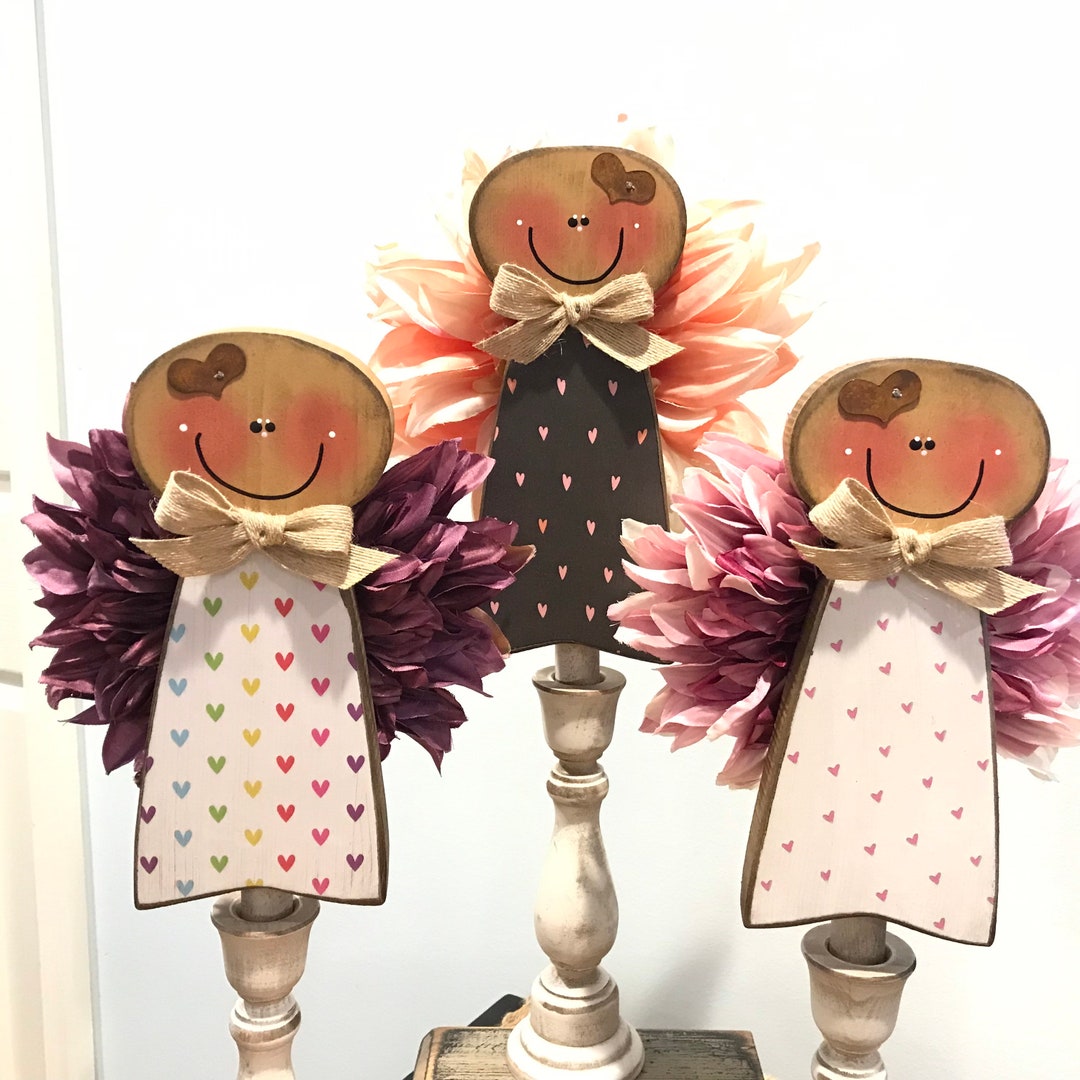 Valentine Decor. Wooden Candlestick Angel With Floral Wings. Valentines ...