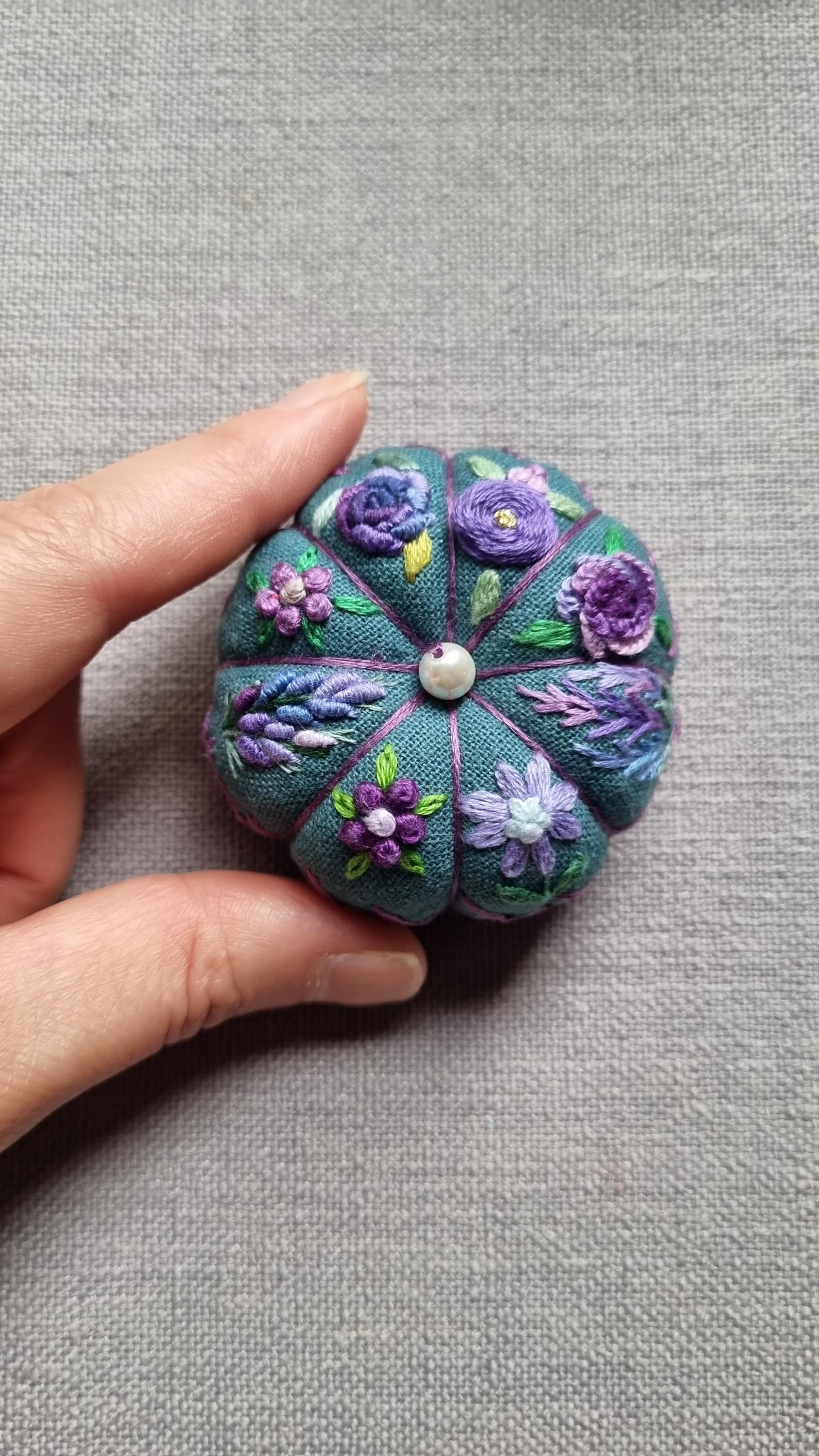 Hand Embroidered Pin Cushion, Small Floral Purple Pumpkin Pincushion ...
