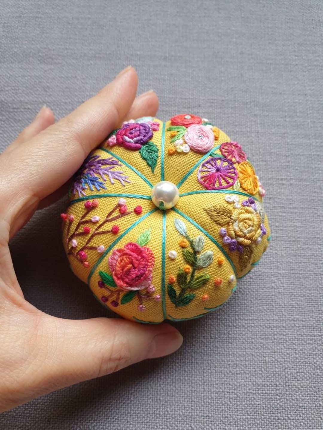 Hand Embroidered Pin Cushion, Floral Pumpkin Pincushion, Gift for ...