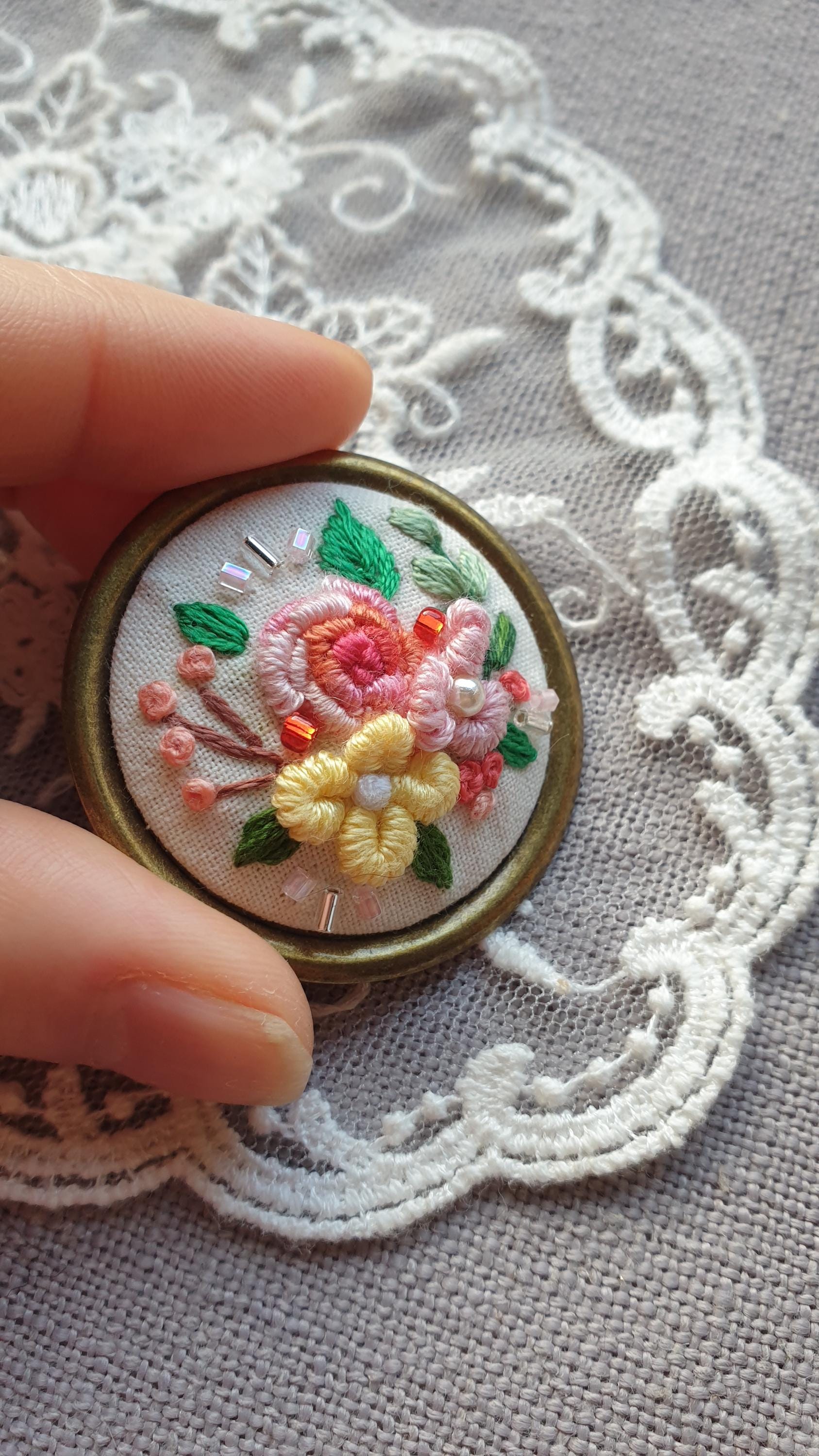 Hand Embroidered Floral Round Brooch: Beaded Linen Badge - Etsy