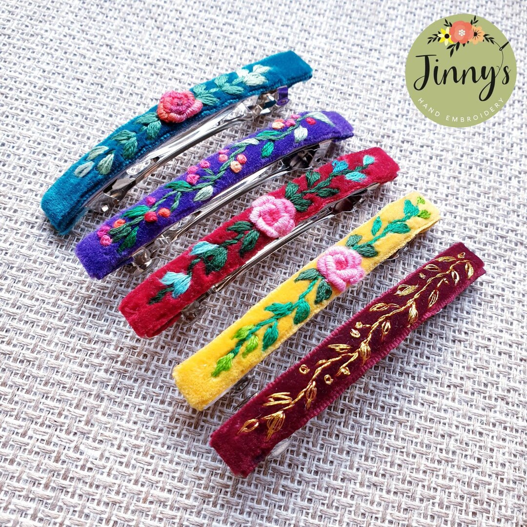 Hand Embroidered Floral Velvet Barrettes, French Hair Clip, Hand ...