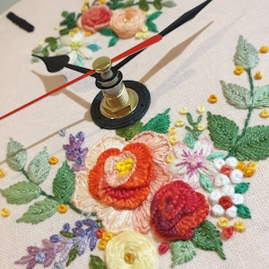 Embroidery Hoop Clock, Hand Embroidered Clock, Floral Wall Clock, Home ...