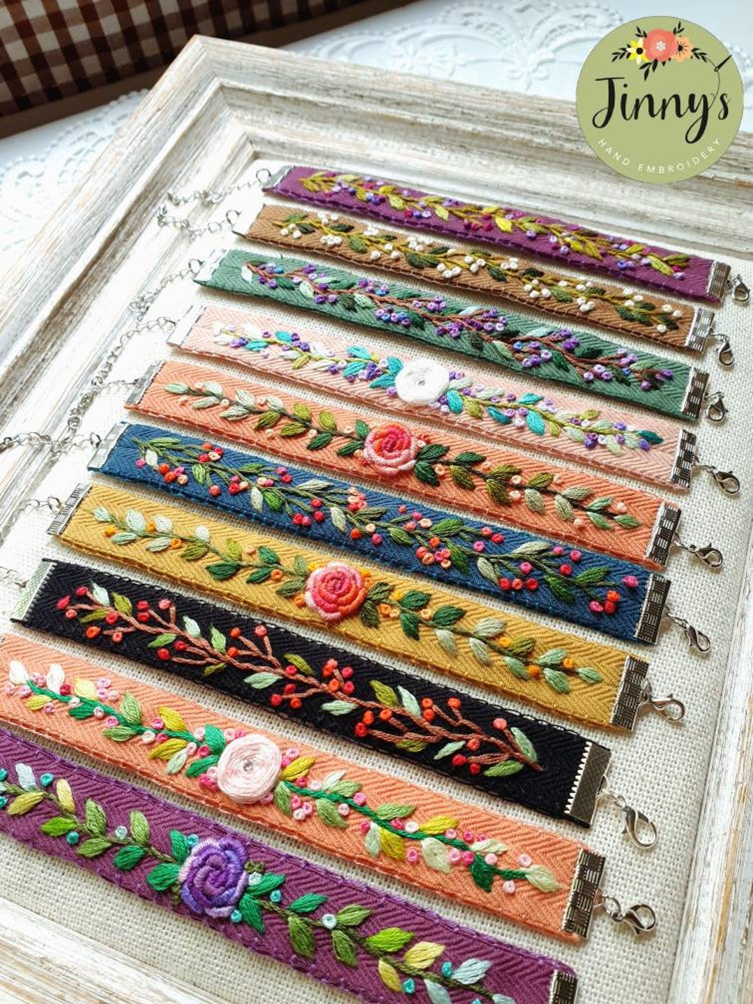 Hand Embroidered Floral Bracelet, Fabric Cuff Bracelet, Hand-stitiched ...