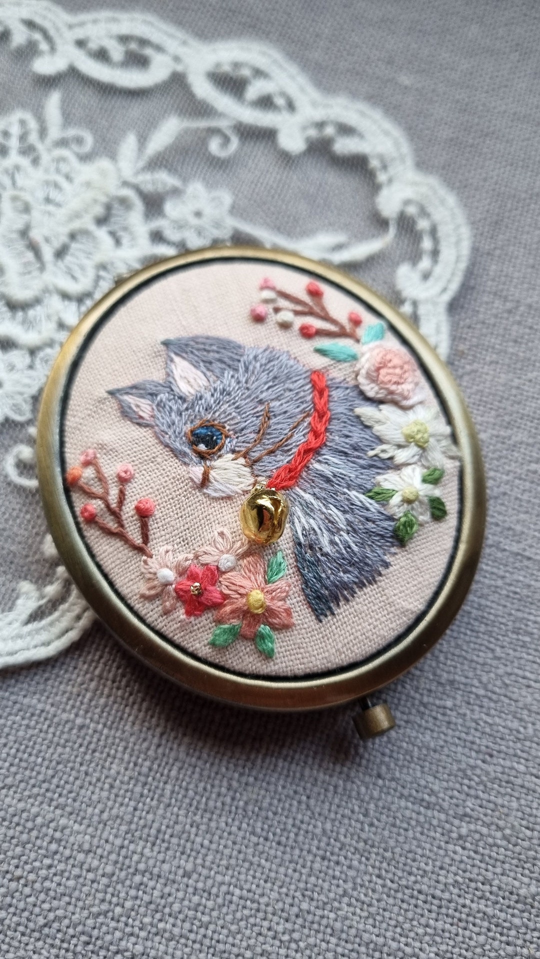 Hand Embroidered Cat Compact Mirror, Gift for Catlover, Oval Bronze ...