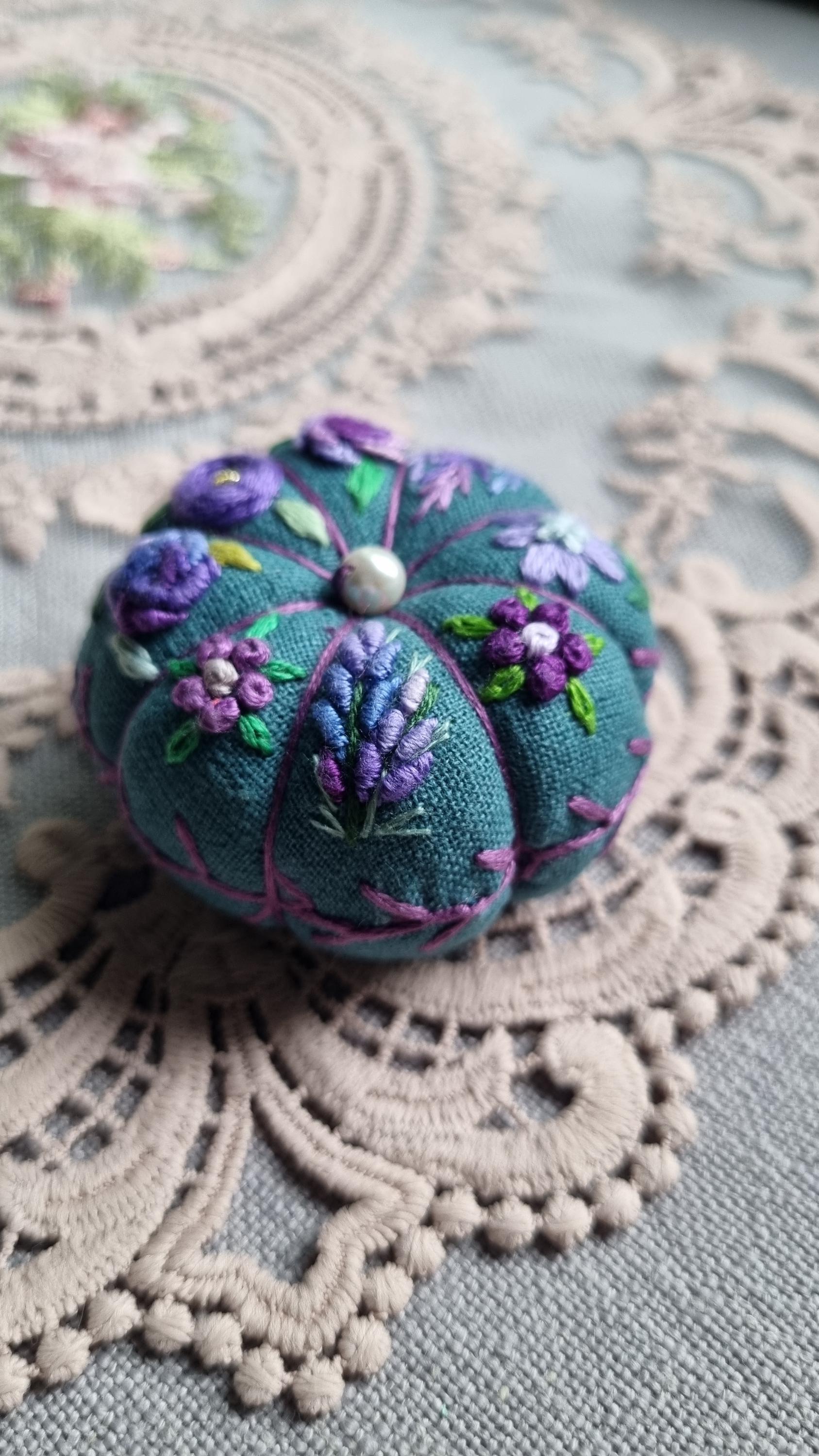 Hand Embroidered Pin Cushion, Small Floral Purple Pumpkin Pincushion ...