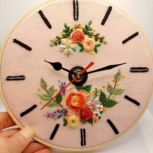 Embroidery Hoop Clock, Hand Embroidered Clock, Floral Wall Clock, Home ...