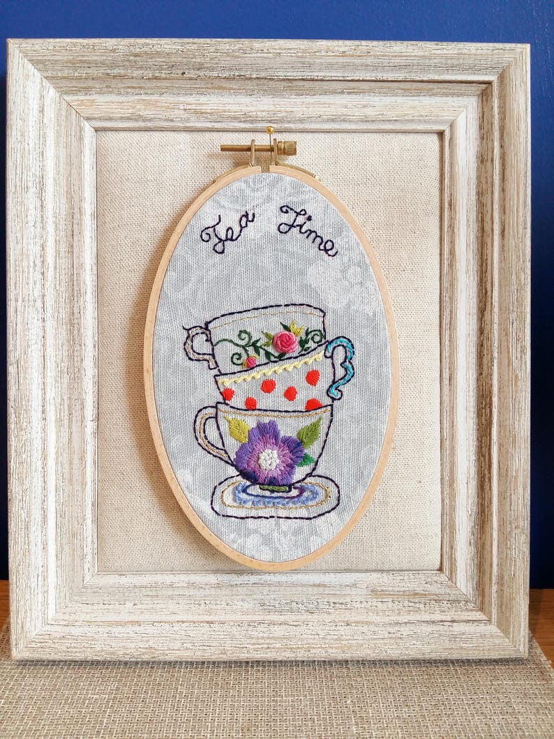 Hand Embroidered Tea Cup Hoop Art: Floral Linen Wall Decor - Etsy
