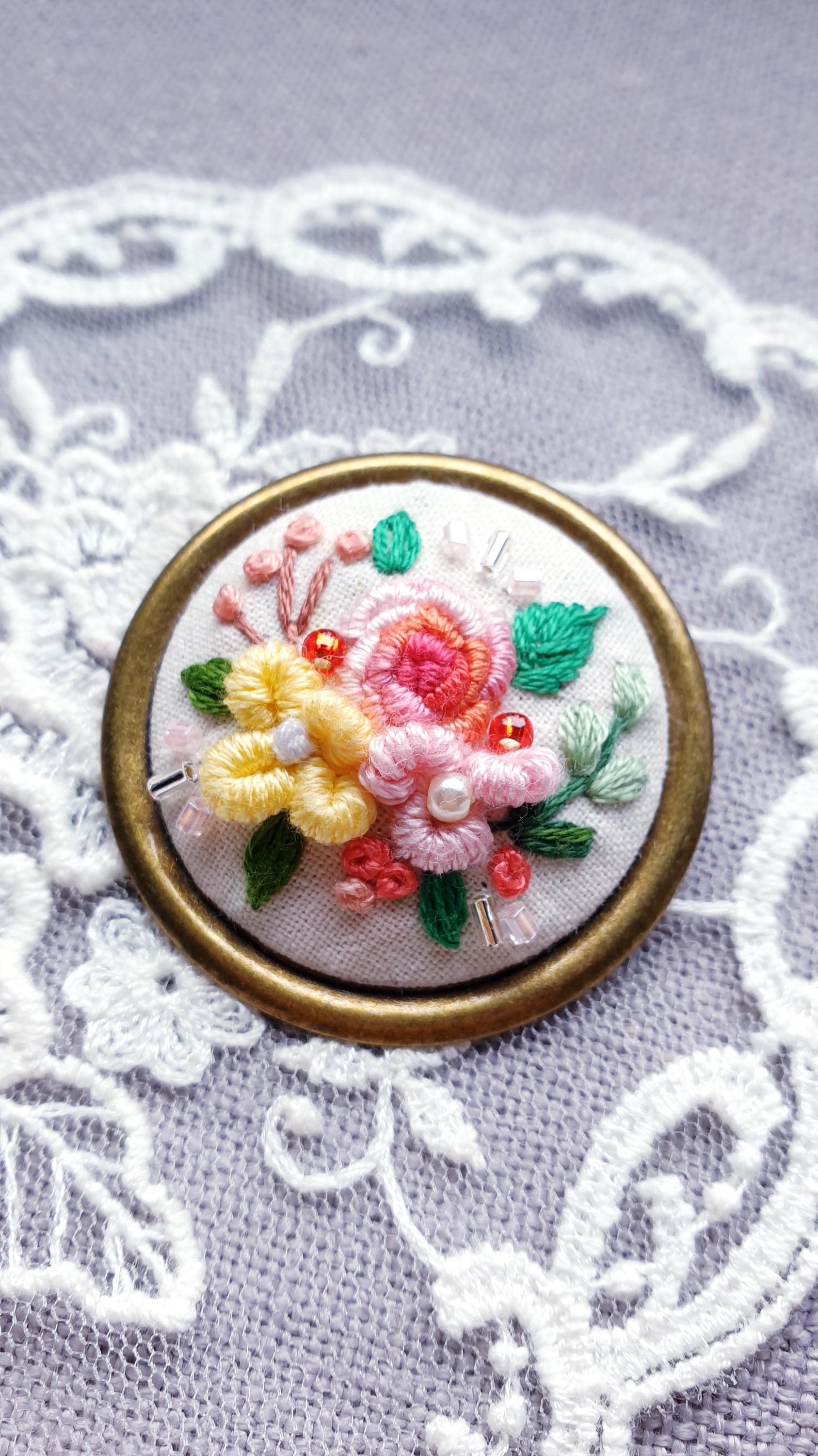 Hand Embroidered Floral Round Brooch: Beaded Linen Badge - Etsy