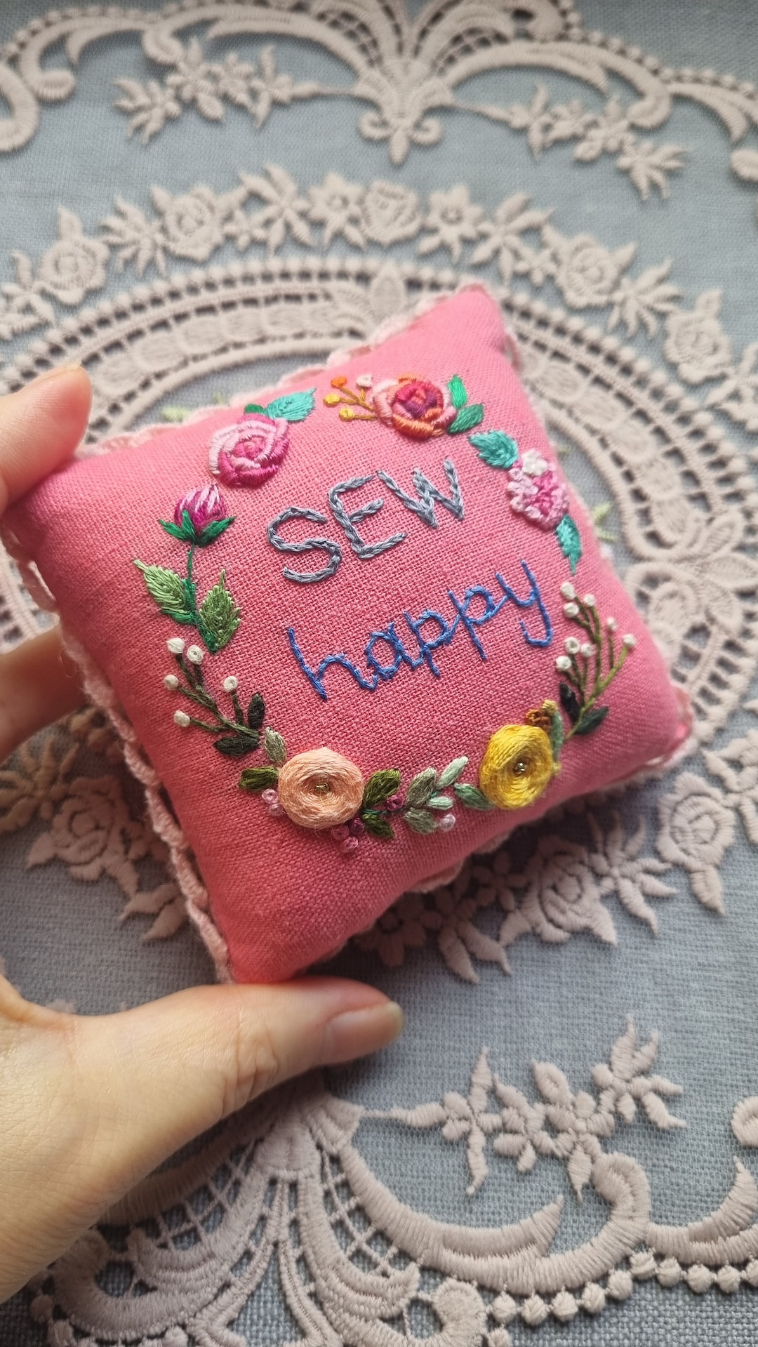 Hand Embroidered Pincushion, Square Pink Pin Cushion, Embroidered ...