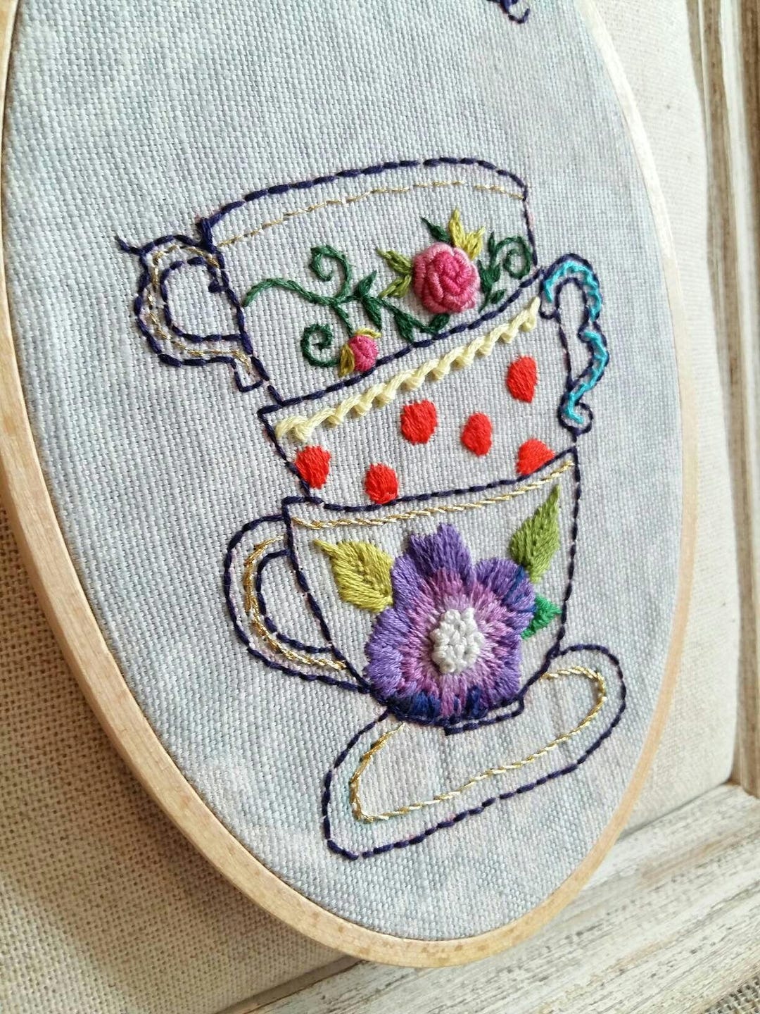 Hand Embroidered Tea Cup Hoop Art: Floral Linen Wall Decor - Etsy