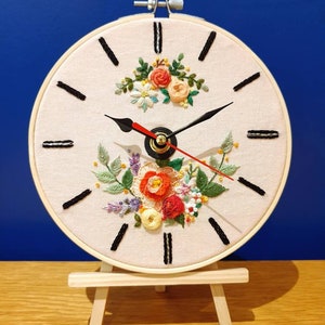 Embroidery Hoop Clock, Hand Embroidered Clock, Floral Wall Clock, Home ...