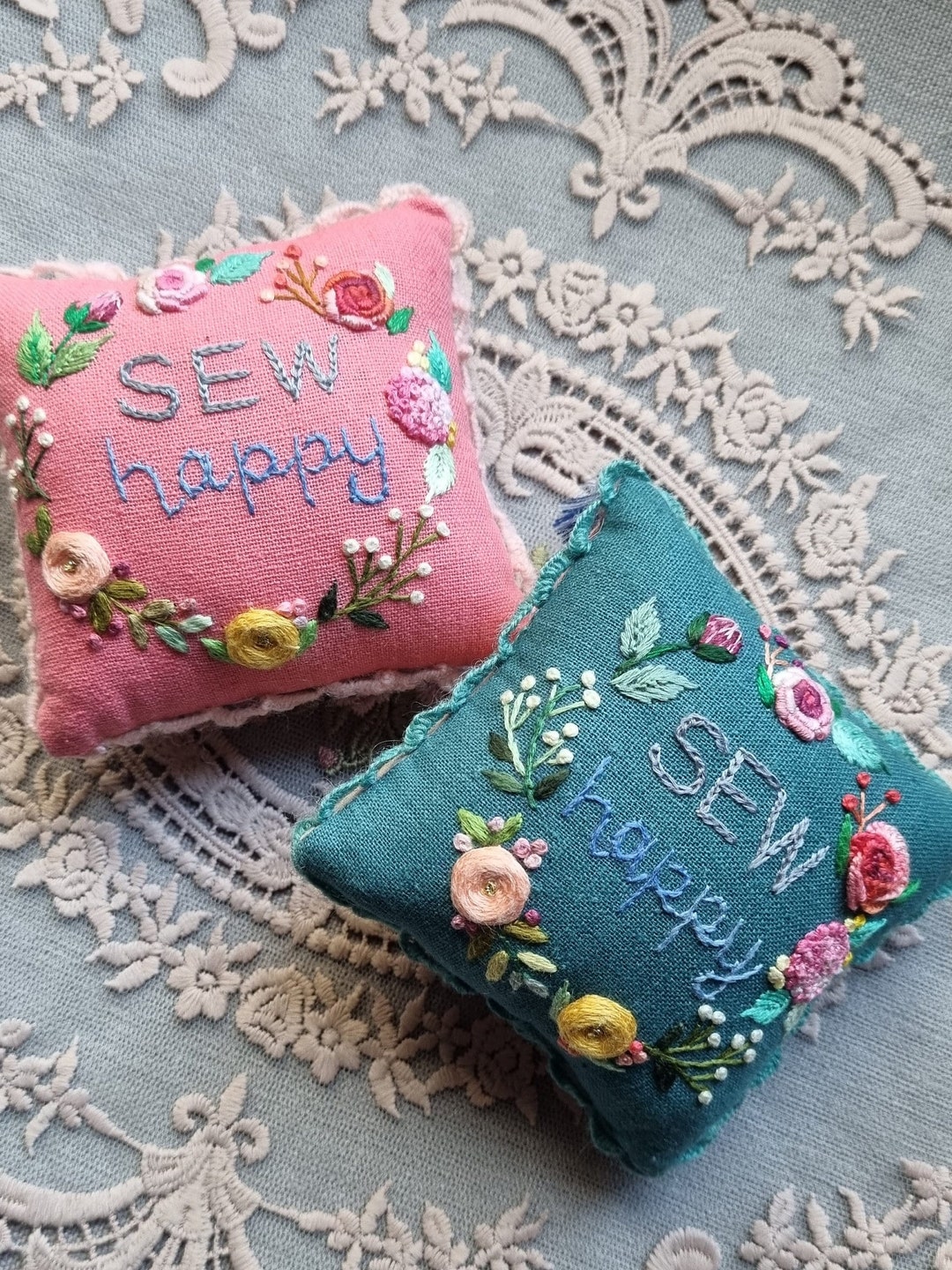 Hand Embroidered Pincushion, Square Pink Pin Cushion, Embroidered ...