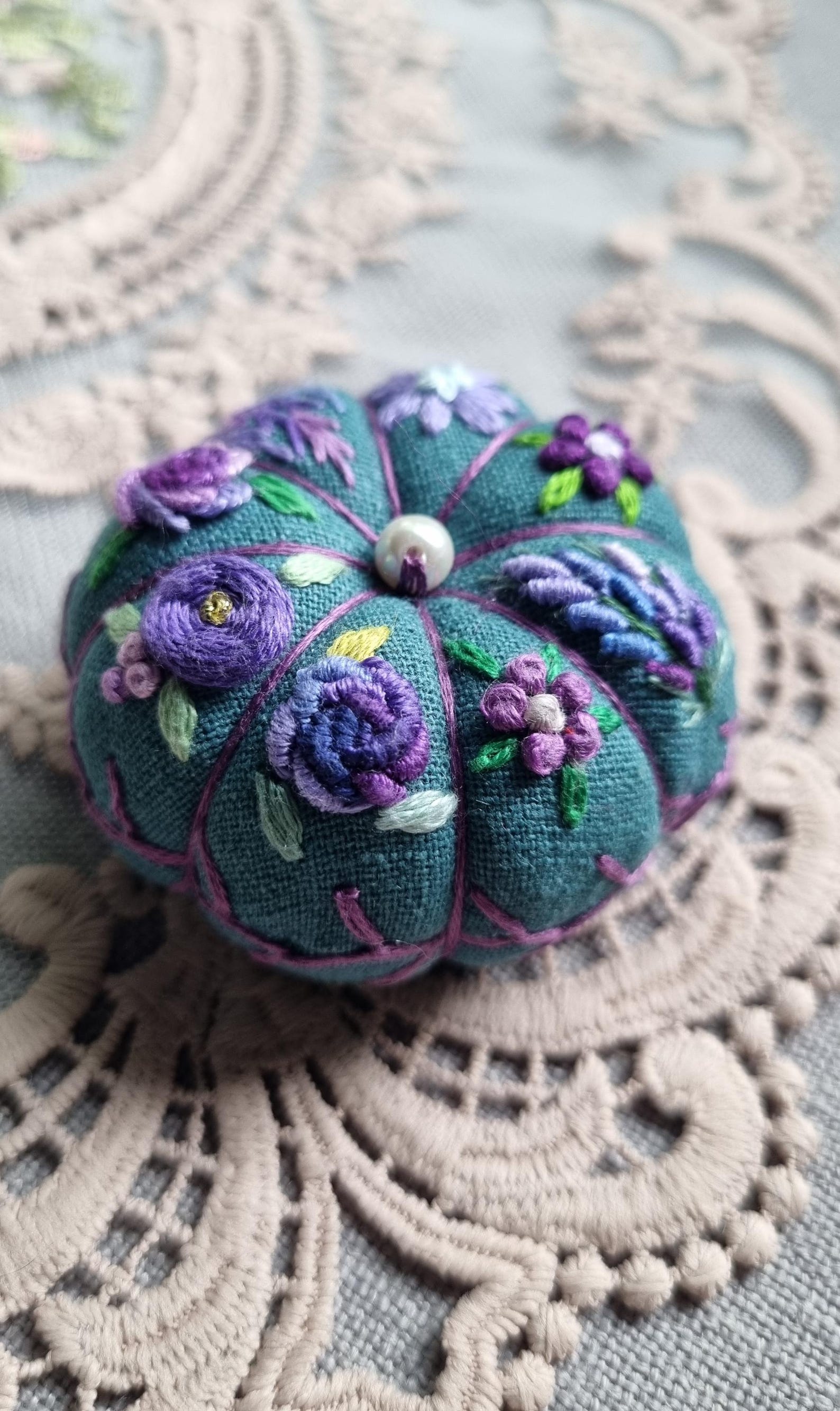 Hand Embroidered Pin Cushion, Small Floral Purple Pumpkin Pincushion ...