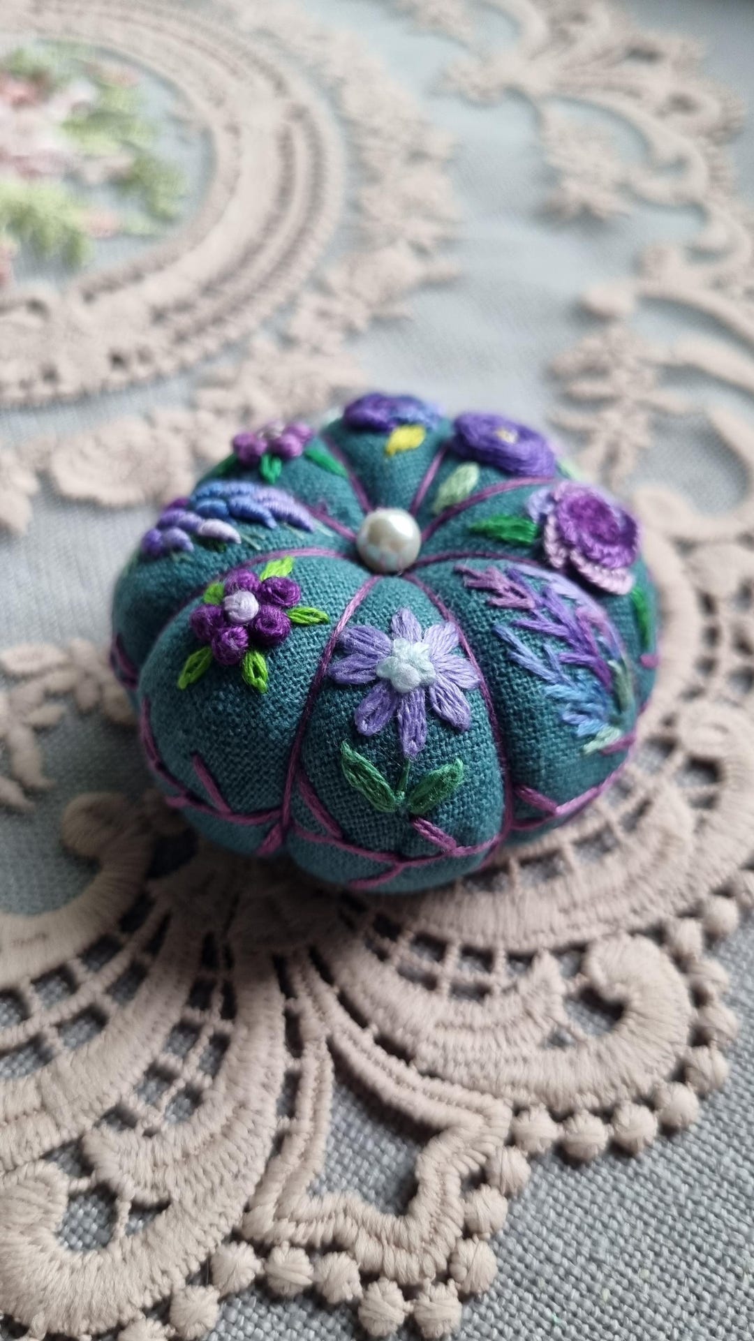 Hand Embroidered Pin Cushion, Small Floral Purple Pumpkin Pincushion ...
