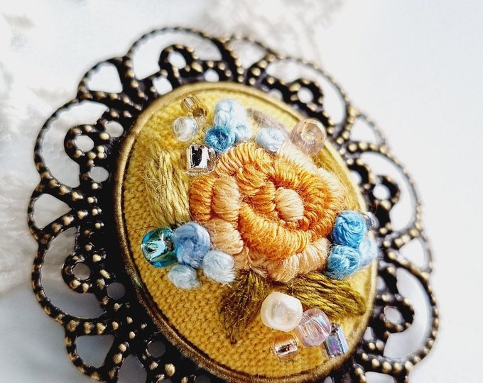 Hand Embroidered Floral Brooch, Oval Brooch, Vintage Style Brooch ...