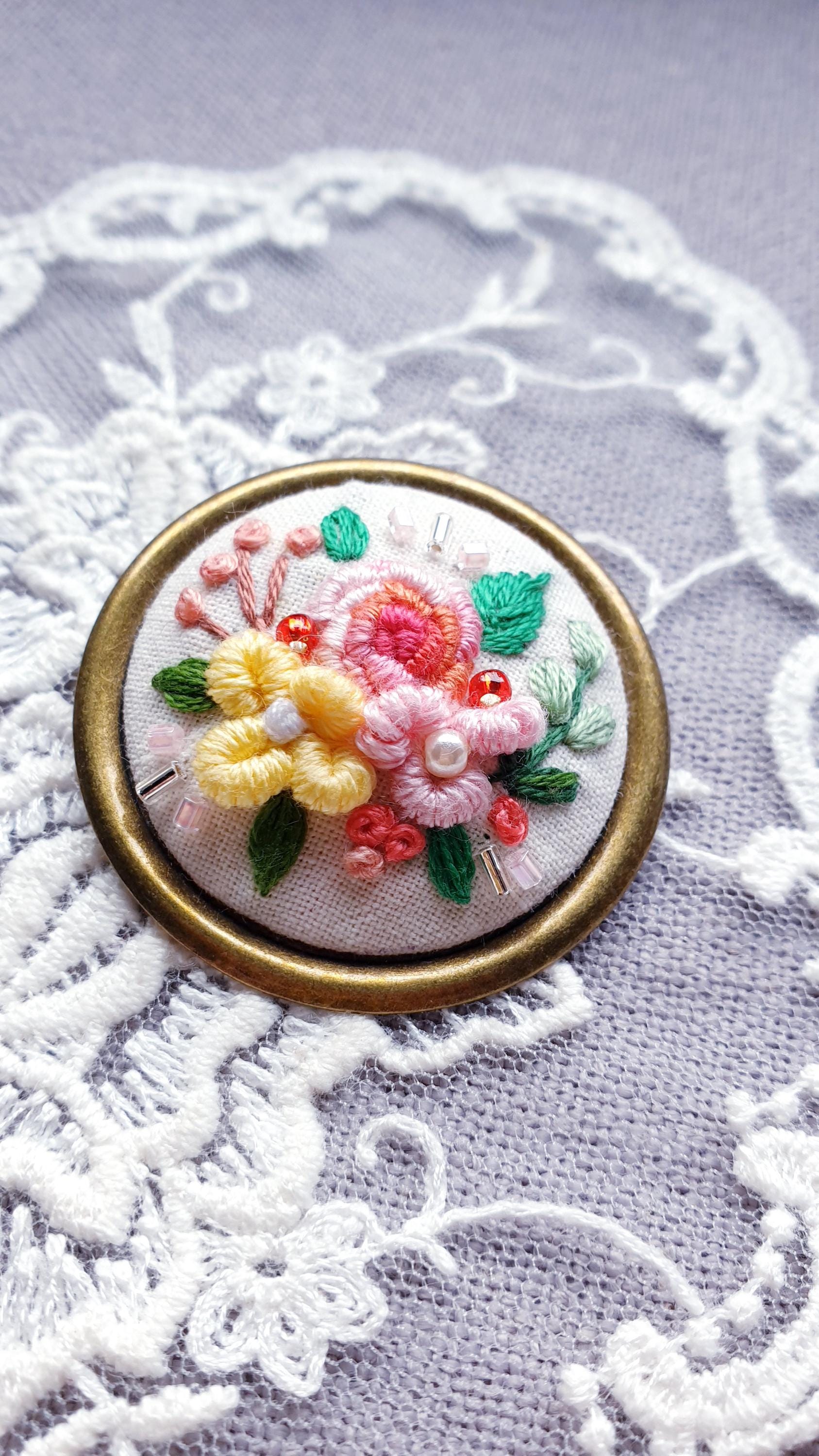Hand Embroidered Floral Round Brooch: Beaded Linen Badge - Etsy