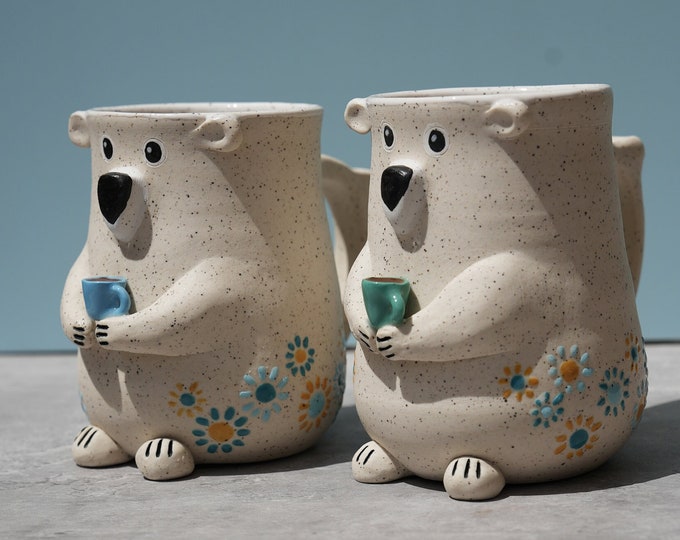 Ships Now Bear Mug / Bear Holding Coffee Ceramic Handmade Mug / Cute ...