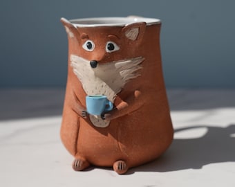 Preorder Fox Mug /blue Glaze Fox and Bird Ceramic Handmade Mug / Cute ...