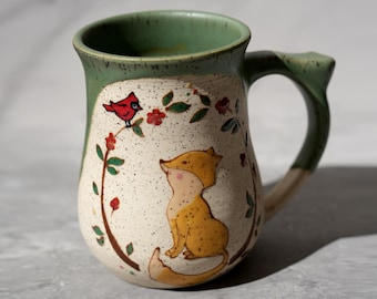 Preorder Fox Mug /blue Glaze Fox and Bird Ceramic Handmade Mug / Cute ...