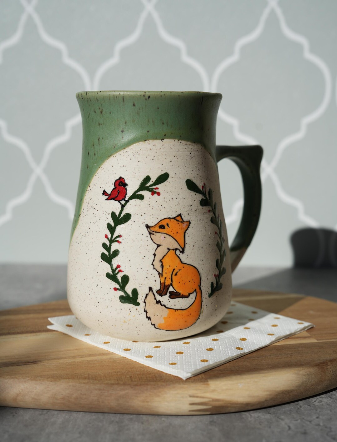 Handmade Ceramic Fox and Red Cardinal Bird Mug: Stoneware and Green ...