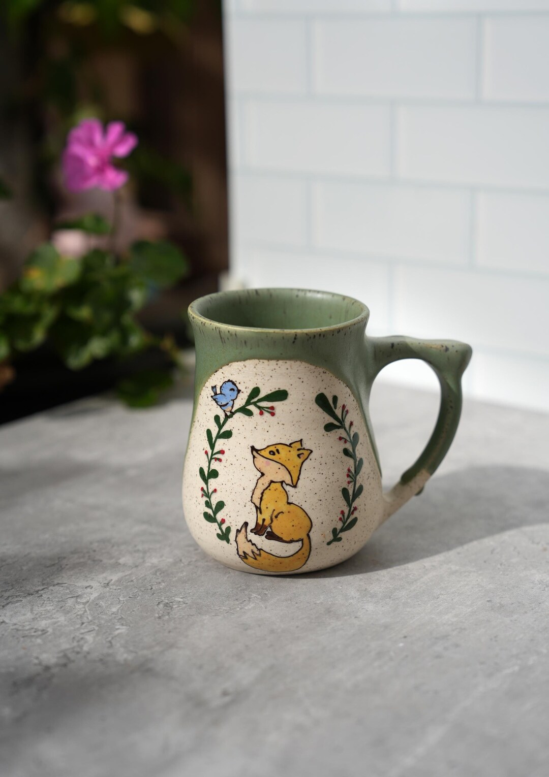 Ships Nowhandmade Charming Fox Mug: Green Glaze Ceramic Mug With Bird ...