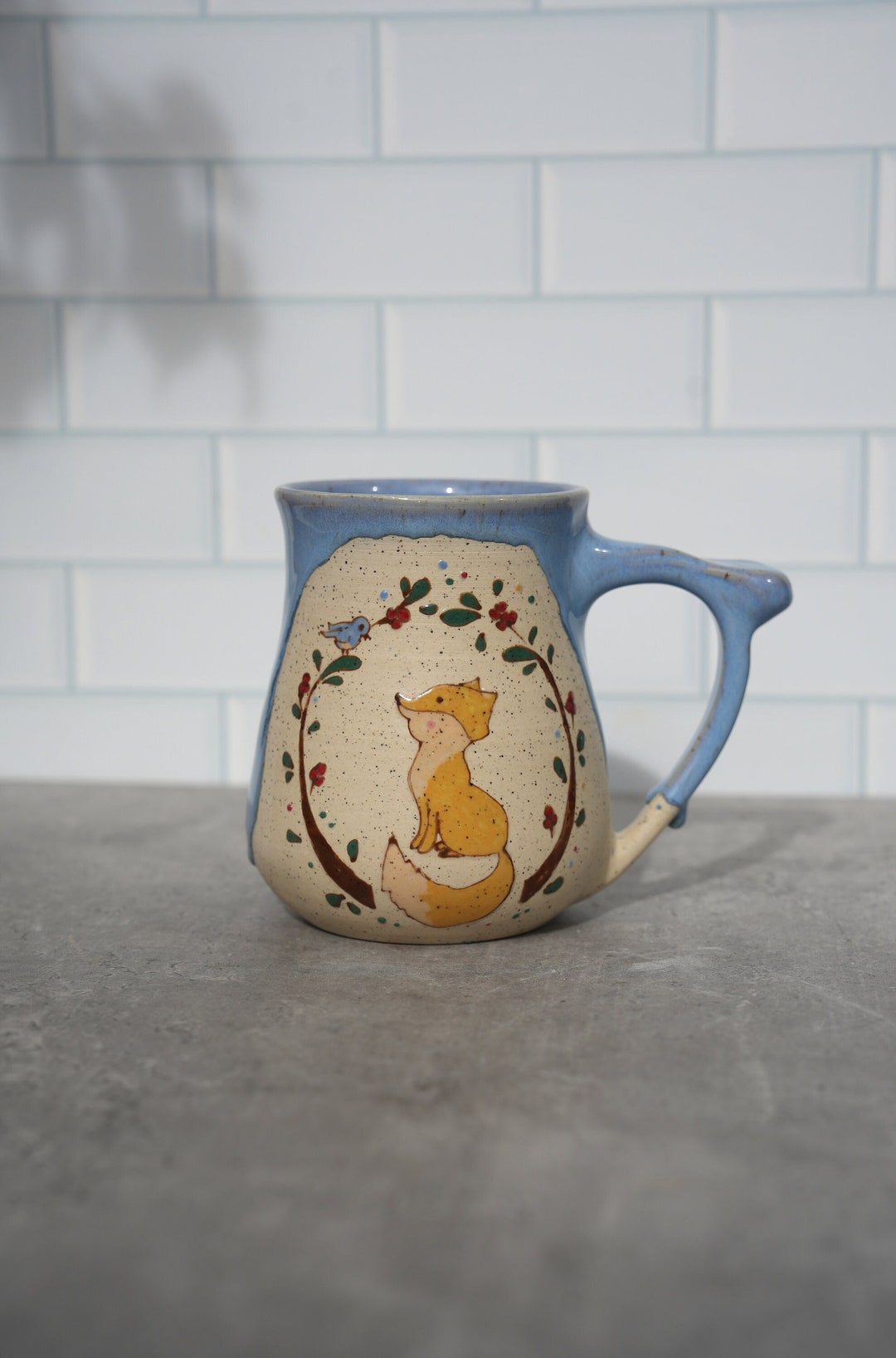 Preorder Fox Mug /blue Glaze Fox and Bird Ceramic Handmade Mug / Cute ...