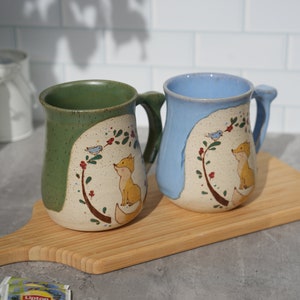 Preorder Fox Mug /blue Glaze Fox and Bird Ceramic Handmade Mug / Cute ...