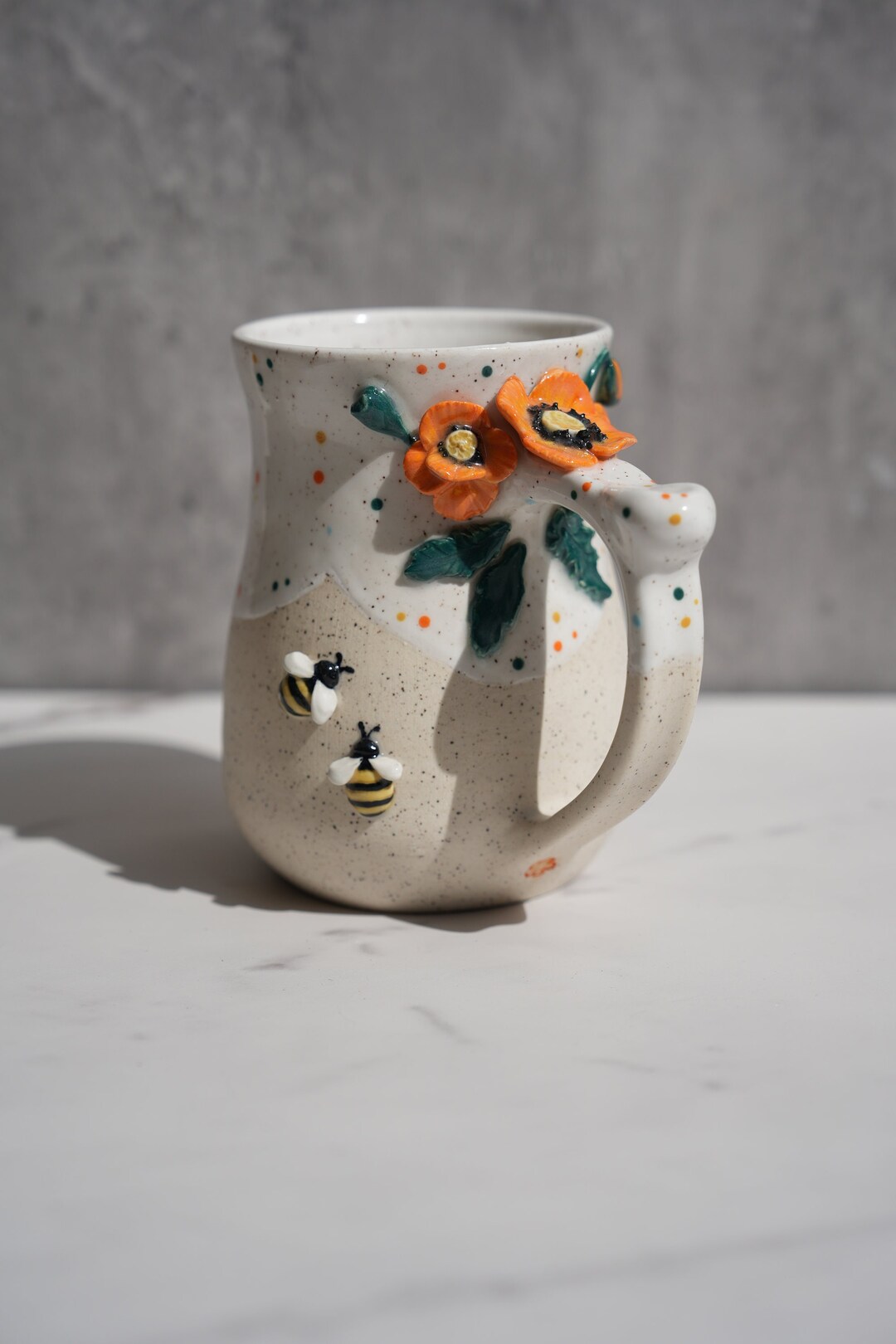 Preorder Handmade Bees and Poppies Mug, Sculpted Porcelain, Cheerful ...
