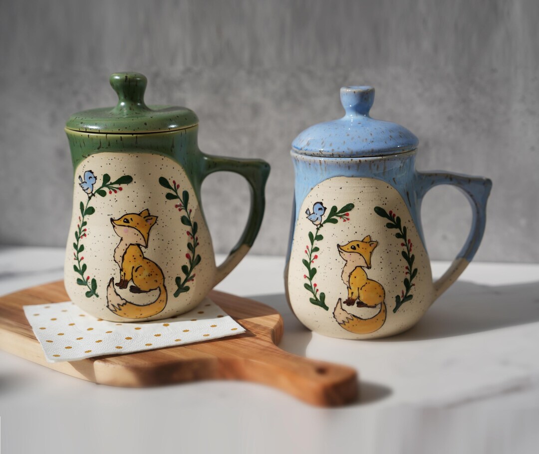 Ships Now Fox Mug With Lid /fox and Bird Ceramic Handmade Mug / Cute ...