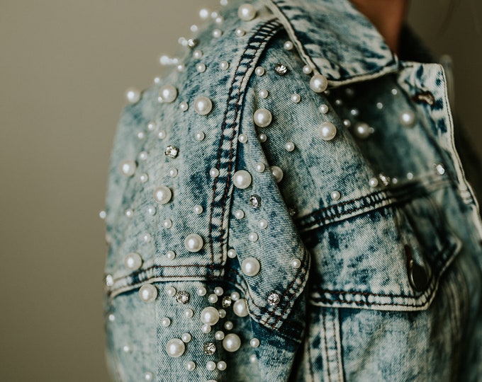 Pearl Jean Jacket Rhinestones, Bride Jean Jacket, Mrs Denim Jacket ...