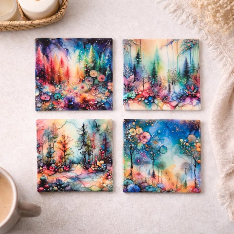 Colorful Floral Forest Alcohol Ink Design Ceramic Coasters - Set of 4 ...