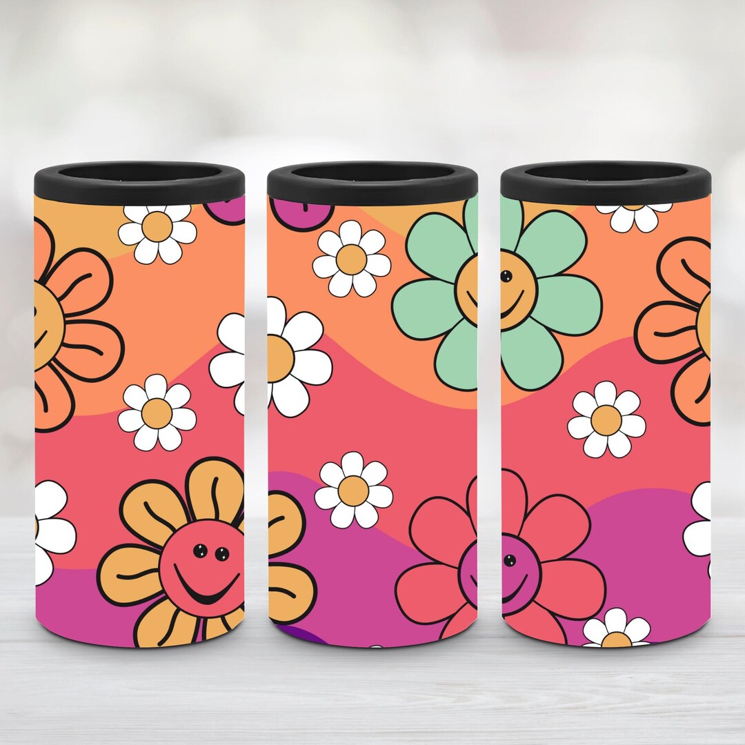 Colorful Hippie Smiley Face Flowers Slim Can Cooler - Smiley Flowers ...