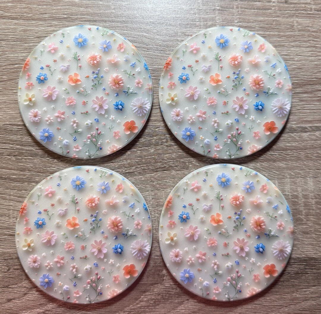 Neutral and Pastel Floral Ceramic Coasters - Set of 4 - 3D Flower ...