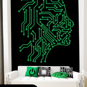 Technology Wall Decal - Face Circuit Board IT Wall Art Binary Code ...