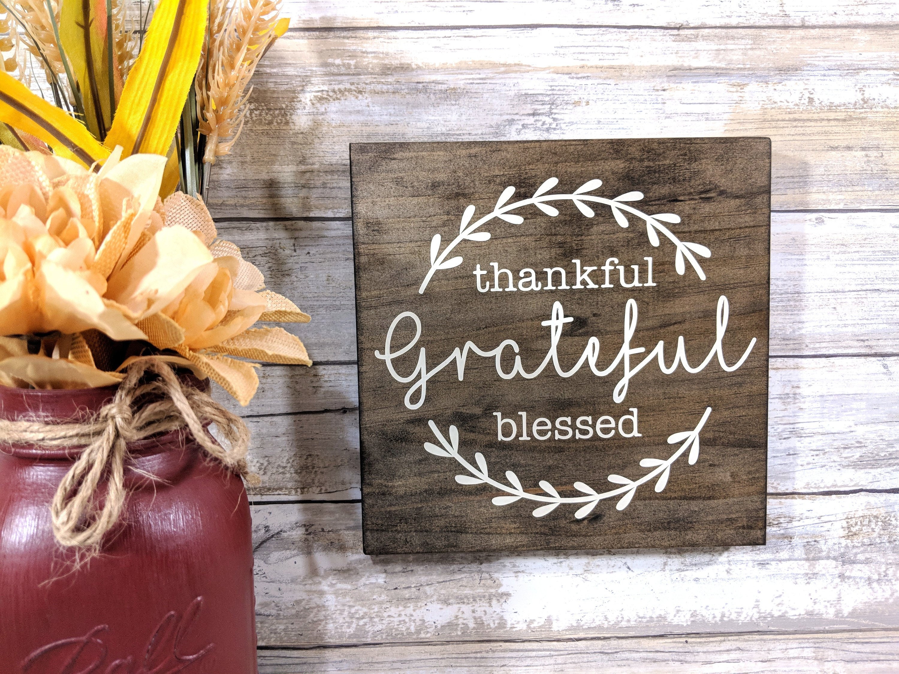 Laurel Leaf Thankful Grateful Blessed Rustic Wood Sign, Multiple Sizes ...
