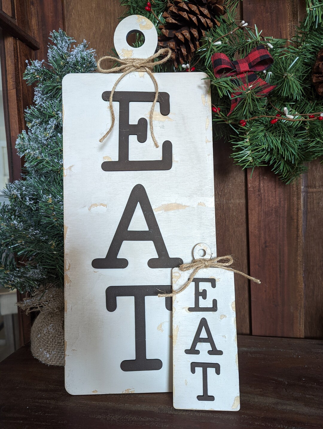 Vertical EAT Wall Decor - Rustic Chipped Paint Cutting Board Shaped EAT ...