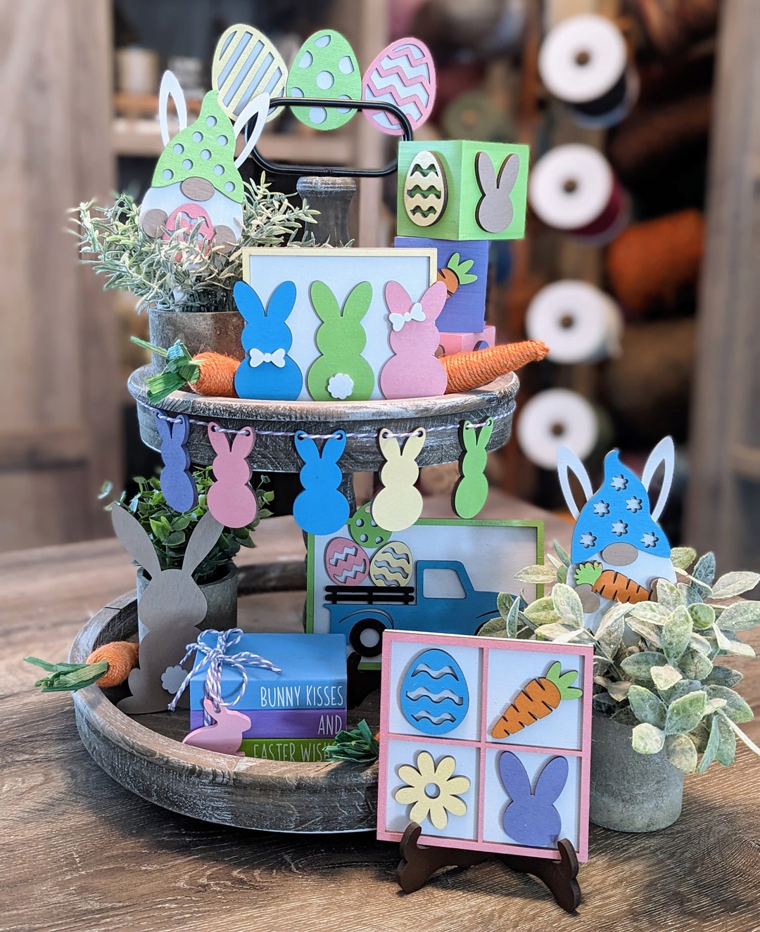 Easter Tier Tray Decor Set, Pastel Colored Easter Tiered Tray Bundle ...