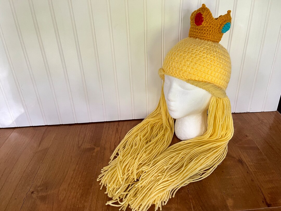 Crochet Princess Peach Hat, Yarn Wig, Super Mario, Peach Crown ...