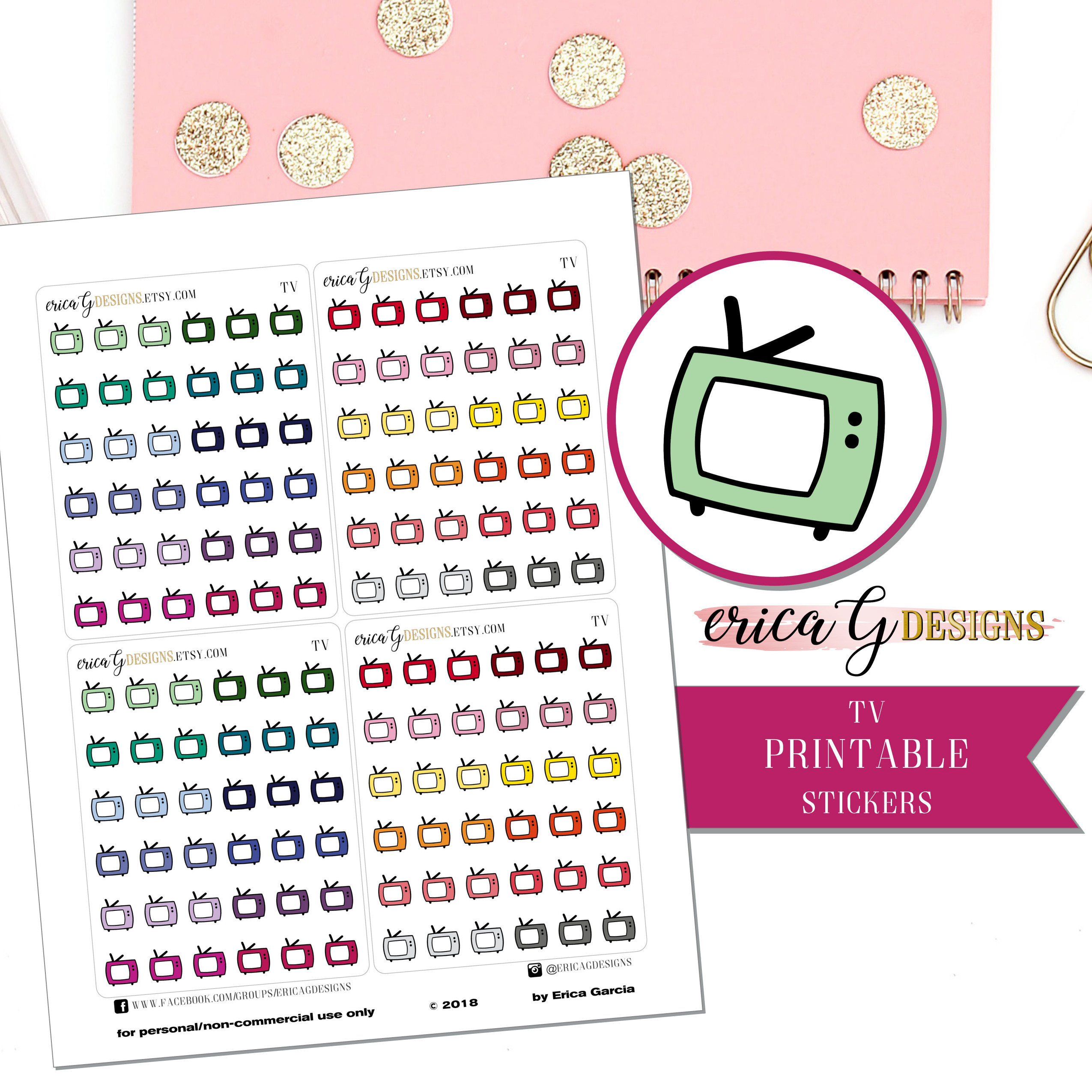 TV Icon/Functional Multicolor Printable Stickers | Etsy