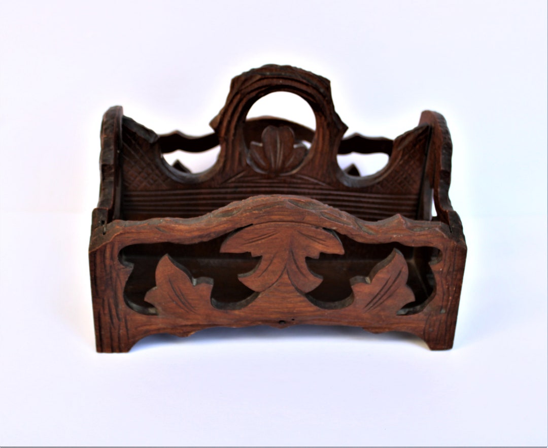 Mid Century Carved Wood Letter Holder, Wooden Desk Organizer, Office ...